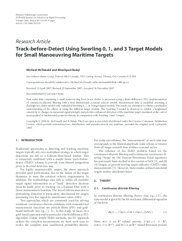 Pdf Track Before Detect Using Swerling 0 1 And 3 Target Models For Small Manoeuvring 0950
