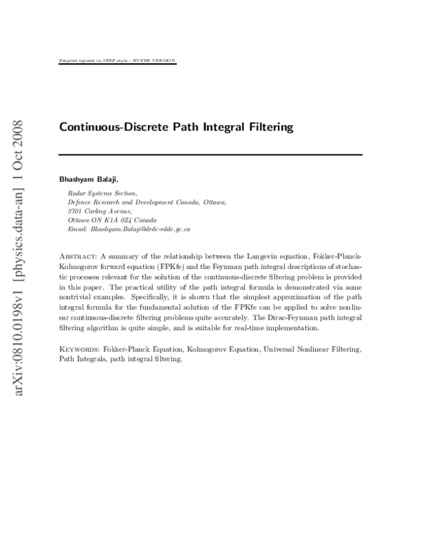 Pdf Continuous Discrete Path Integral Filtering Bhashyam Balaji
