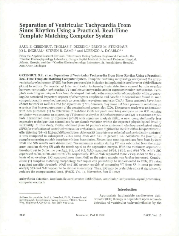 (PDF) Separation of Ventricular Tachycardia From Sinus Rhythm Using a ...