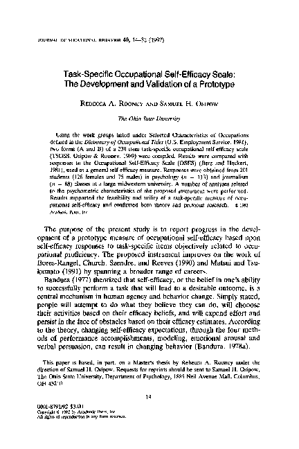 Pdf Task Specific Occupational Self Efficacy Scale The Development And Validation Of A