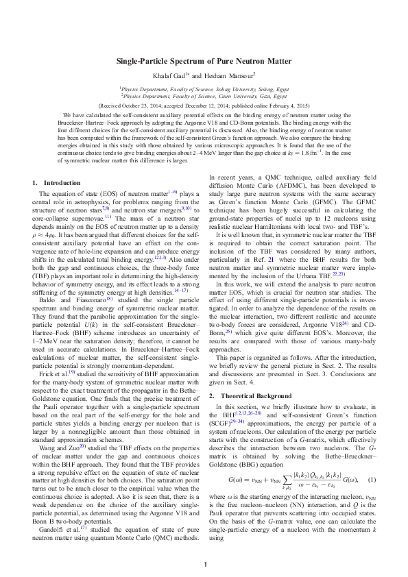 (PDF) Single-Particle Spectrum of Pure Neutron Matter