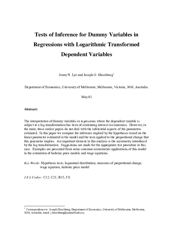 Pdf Tests Of Inference For Dummy Variables In Regressions With Logarithmic Transformed