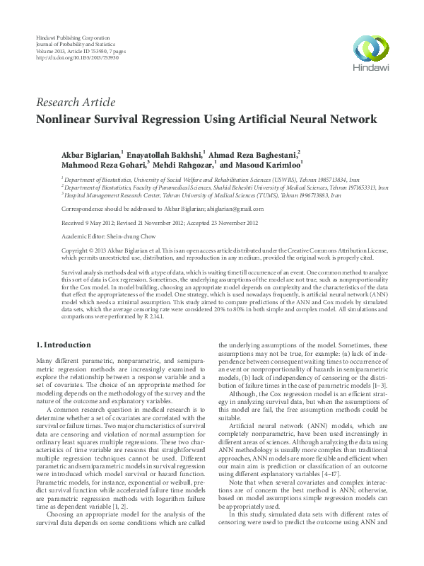 (PDF) Nonlinear survival regression using artificial neural network