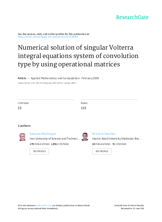 (PDF) Numerical solution of singular Volterra integral equations system of convolution type by ...