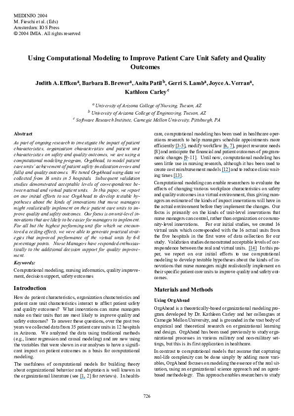 Pdf Using Computational Modeling To Improve Patient Care Unit Safety