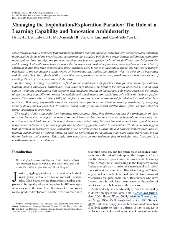 Pdf Managing The Exploitation Exploration Paradox The Role Of A