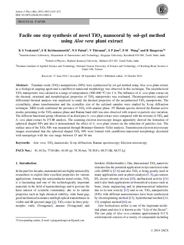 (PDF) Facile one step synthesis of novel TiO2 nanocoral by sol–gel ...