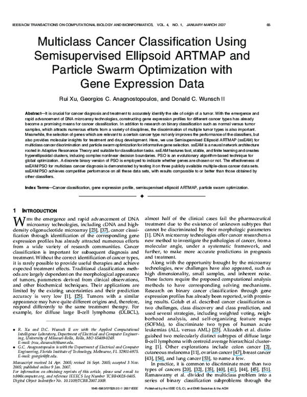 Pdf Multiclass Cancer Classification Using Semisupervised Ellipsoid Artmap And Particle Swarm
