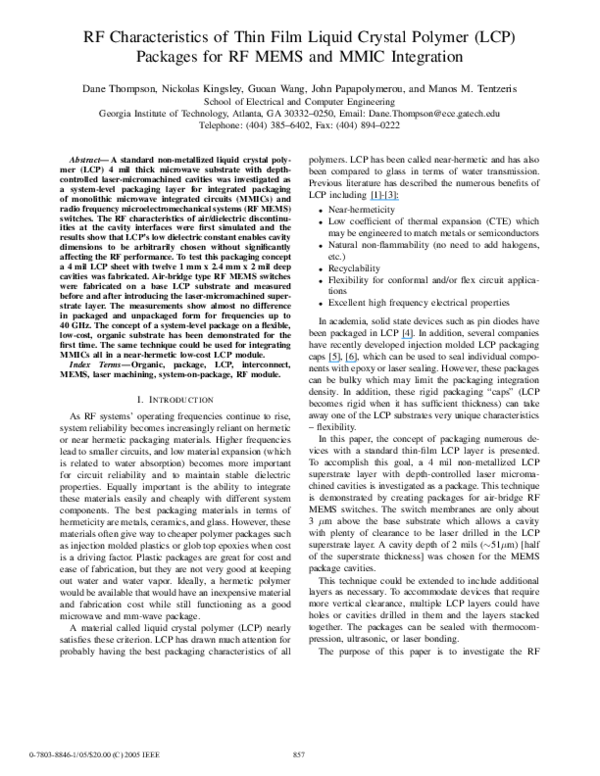 (PDF) RF characteristics of thin film liquid crystal polymer (LCP) packages for RF MEMS and MMIC ...