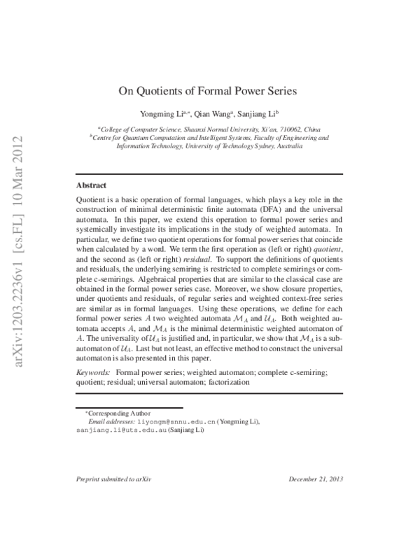 (PDF) On Quotients of Formal Power Series