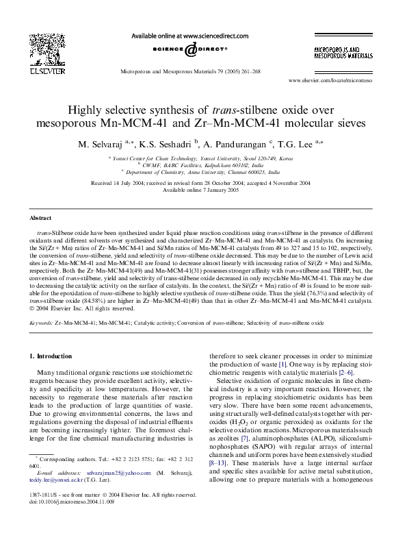 (PDF) Highly selective synthesis of trans-stilbene oxide over mesoporous Mn-MCM-41 and Zr–Mn-MCM ...