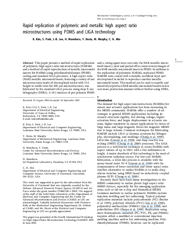 (PDF) Rapid replication of polymeric and metallic high aspect ratio ...
