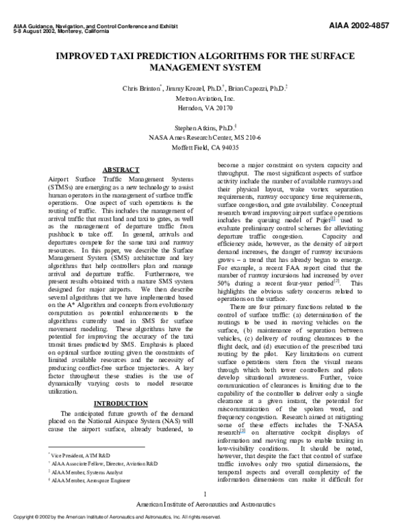 (PDF) Improved Taxi Prediction Algorithms for the Surface Management System