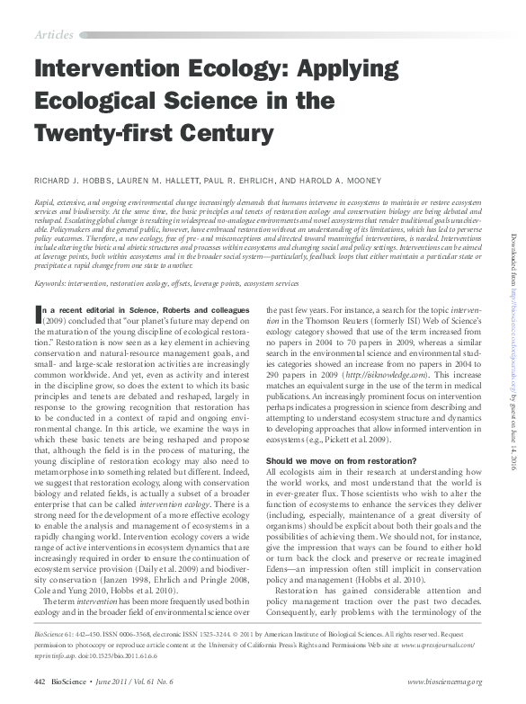 (PDF) Intervention ecology: applying ecological science in the twenty ...