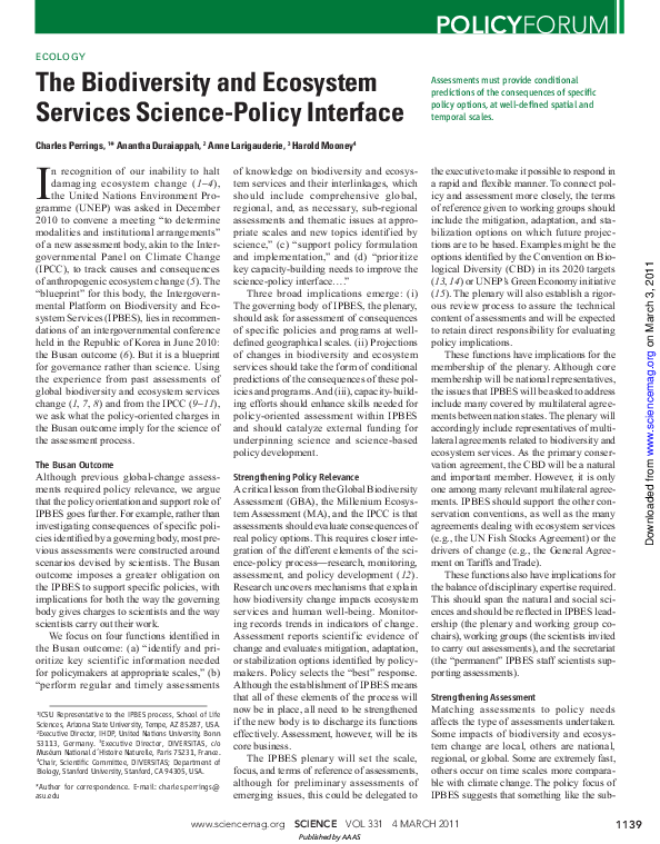 (PDF) The biodiversity and ecosystem services science-policy interface