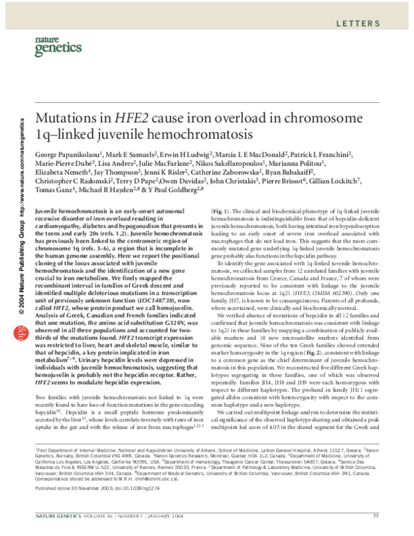 (PDF) Mutations in HFE2 cause iron overload in chromosome 1q–linked ...