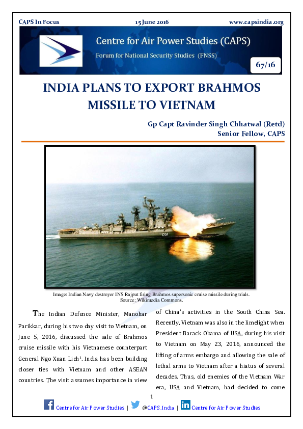 (PDF) INDIA PLANS TO EXPORT BRAHMOS MISSILE TO VIETNAM
