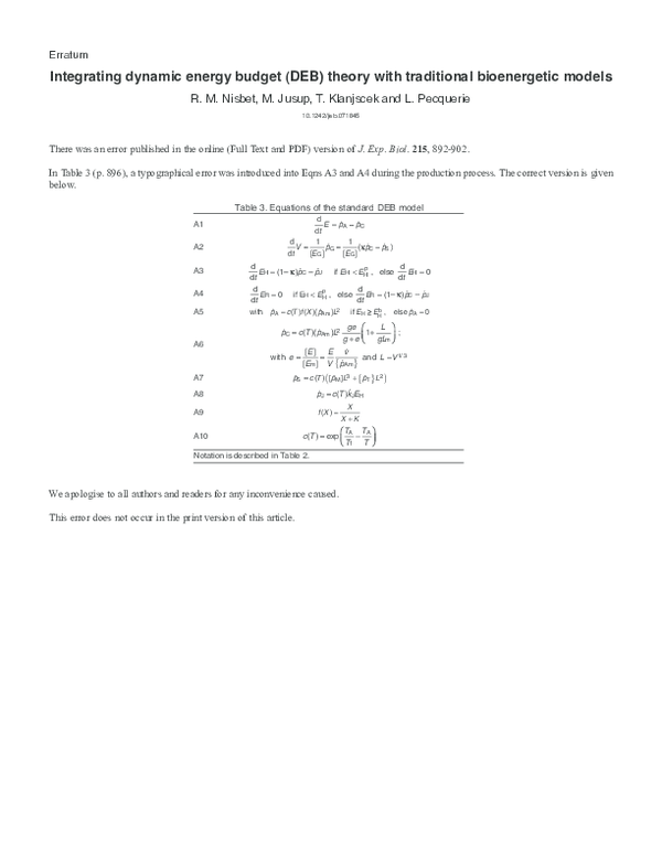 (PDF) Integrating dynamic energy budget (DEB) theory with traditional ...