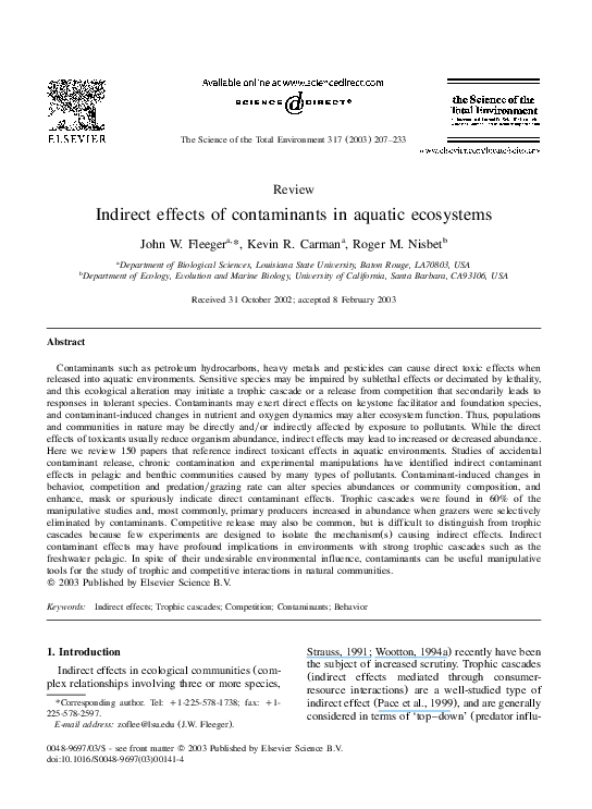 (PDF) Indirect effects of contaminants in aquatic ecosystems (PDF) Indirect effects of contaminants in aquatic ecosystems