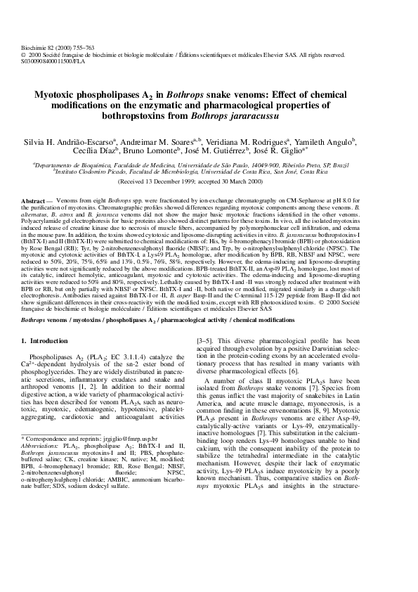 (PDF) Myotoxic phospholipases A 2 in Bothrops snake venoms: Effect of ...
