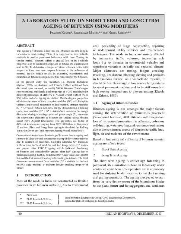 (PDF) A LABORATORY STUDY ON SHORT TERM AND LONG TERM AGEING OF BITUMEN ...