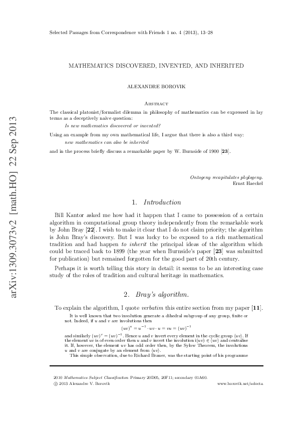 (PDF) Mathematics discovered, invented, and inherited