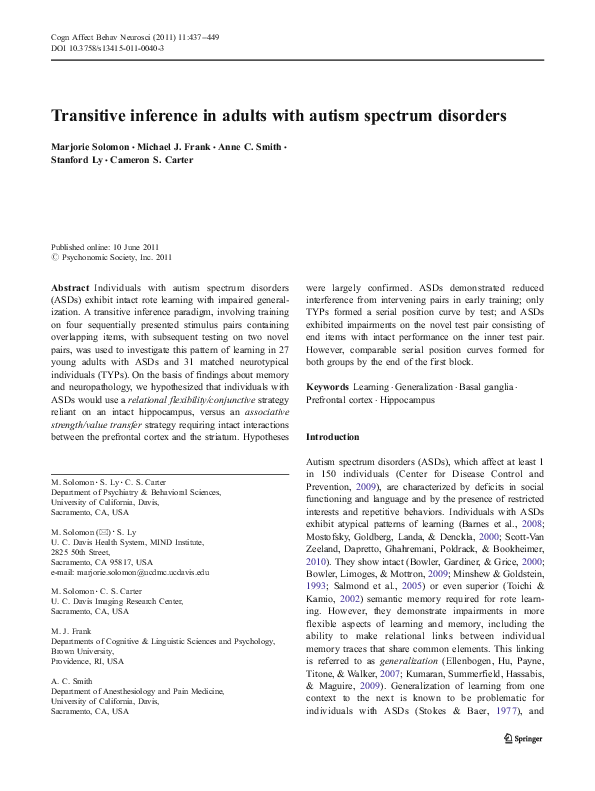 (PDF) Transitive inference in adults with autism spectrum disorders