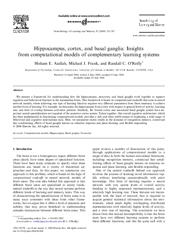 Pdf Hippocampus Cortex And Basal Ganglia Insights From Computational Models Of