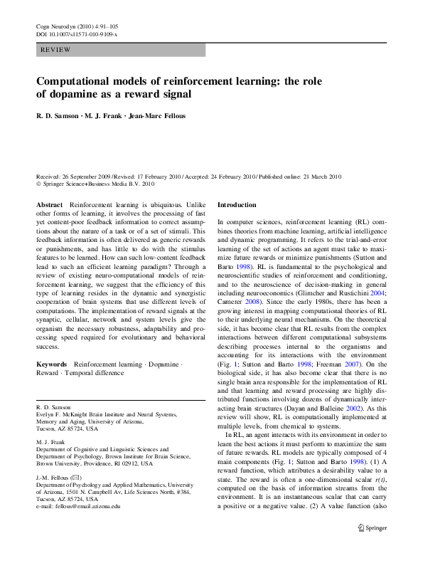 Pdf Computational Models Of Reinforcement Learning The Role Of Dopamine As A Reward Signal