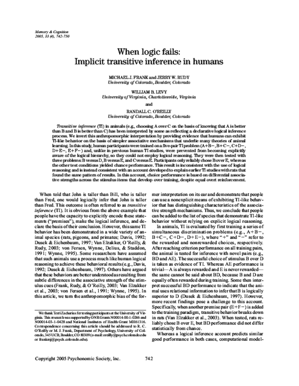 Pdf When Logic Fails Implicit Transitive Inference In Humans