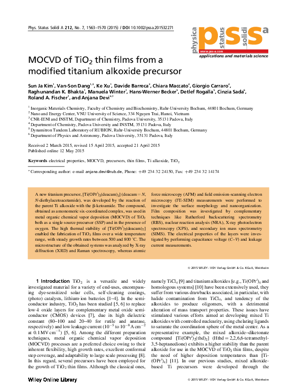Pdf Mocvd Of Tio 2 Thin Films From A Modified Titanium Alkoxide Precursor