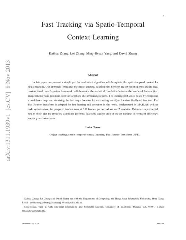 (PDF) Fast tracking via spatio-temporal context learning