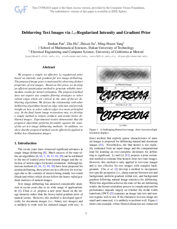 Pdf Deblurring Text Images Via L0 Regularized Intensity And Gradient Prior