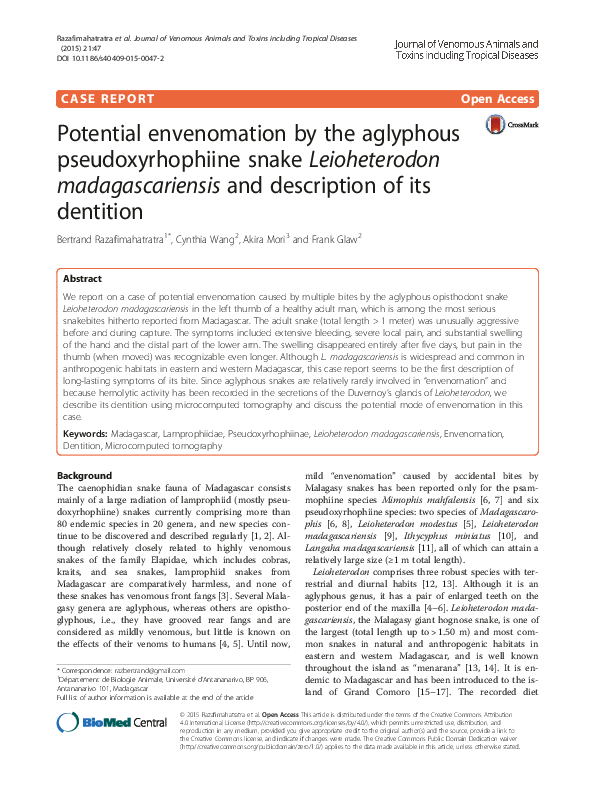 (PDF) Potential envenomation by the aglyphous pseudoxyrhophiine snake ...