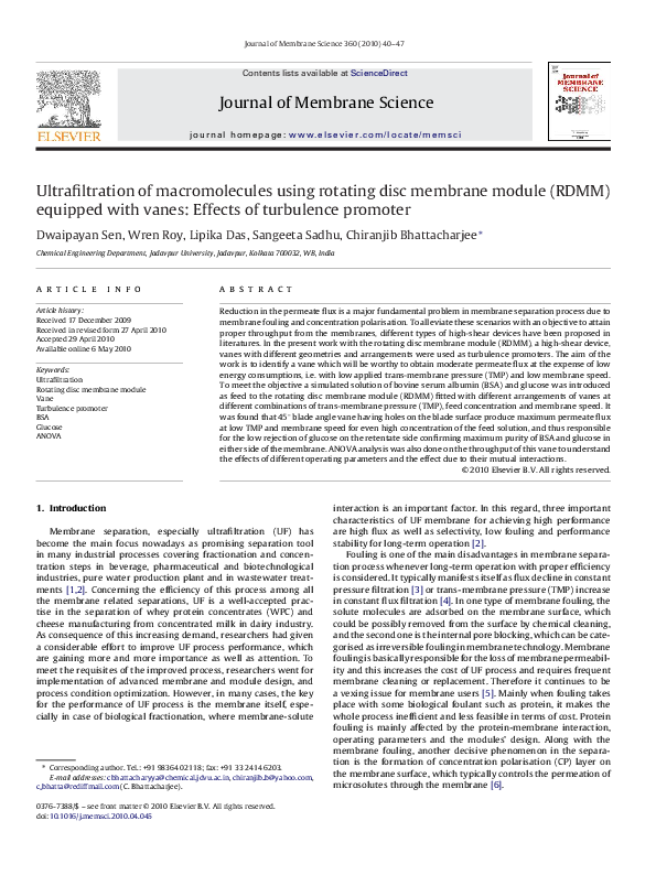 (PDF) Ultrafiltration of macromolecules using rotating disc membrane ...