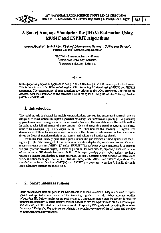 Pdf A Smart Antenna Simulation For Doa Estimation Using Music And Esprit Algorithms 