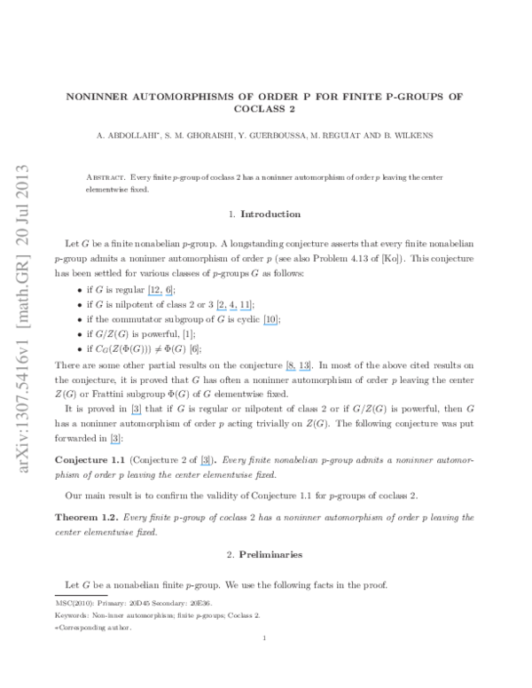 Pdf Noninner Automorphisms Of Order P For Finite P Groups Of Coclass 2
