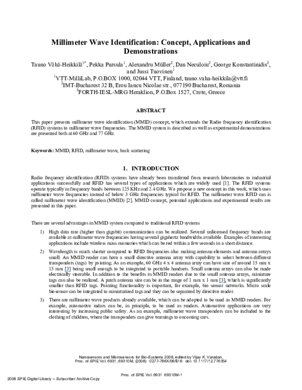 Pdf Millimeter Wave Identification Concept Applications And
