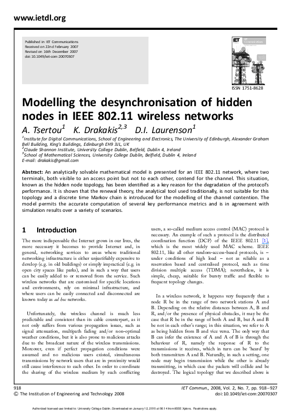 (PDF) Modelling the desynchronisation of hidden nodes in IEEE 802.11 wireless networks