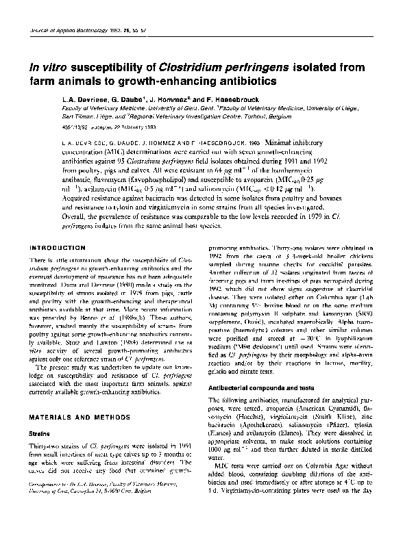 (PDF) In vitro susceptibility of Clostridium perfringens isolated from farm animals to growth ...