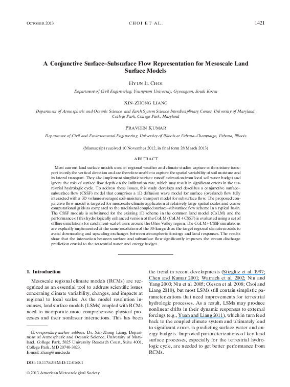 (PDF) A conjunctive surface–Subsurface flow representation for mesoscale land surface models