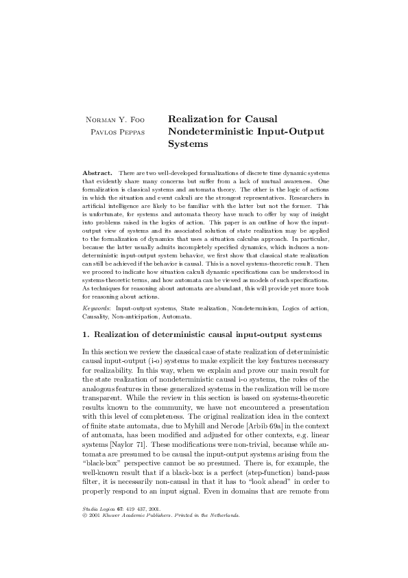 Pdf Realization For Causal Nondeterministic Input Output Systems