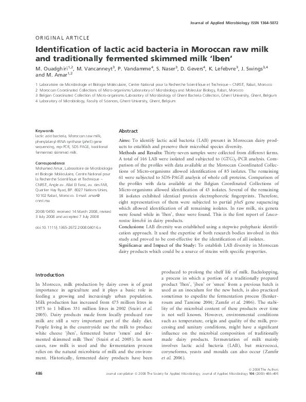 (PDF) Identification of lactic acid bacteria in Moroccan raw milk and traditionally fermented ...