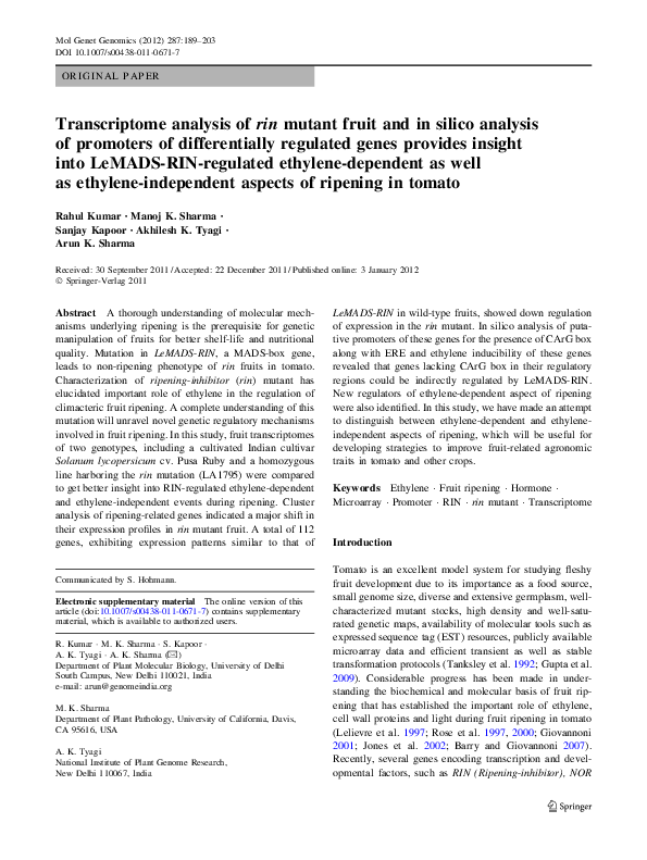 (PDF) Transcriptome analysis of rin mutant fruit and in silico analysis ...