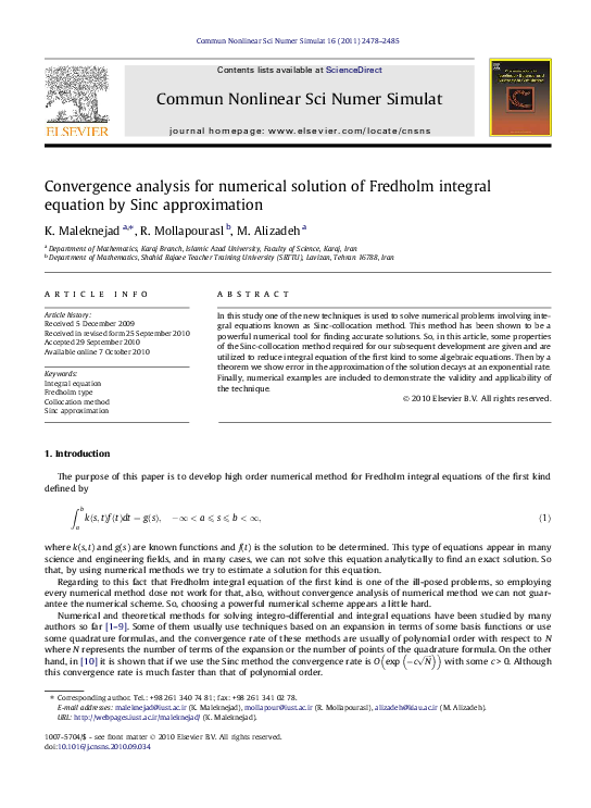 Pdf Convergence Analysis For Numerical Solution Of Fredholm Integral