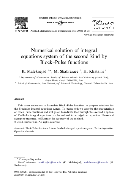 (PDF) Numerical solution of integral equations system of the second kind by Block–Pulse functions