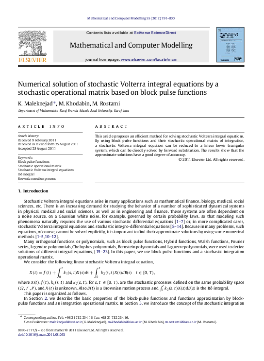 Pdf Numerical Solution Of Stochastic Volterra Integral Equations By A Stochastic Operational