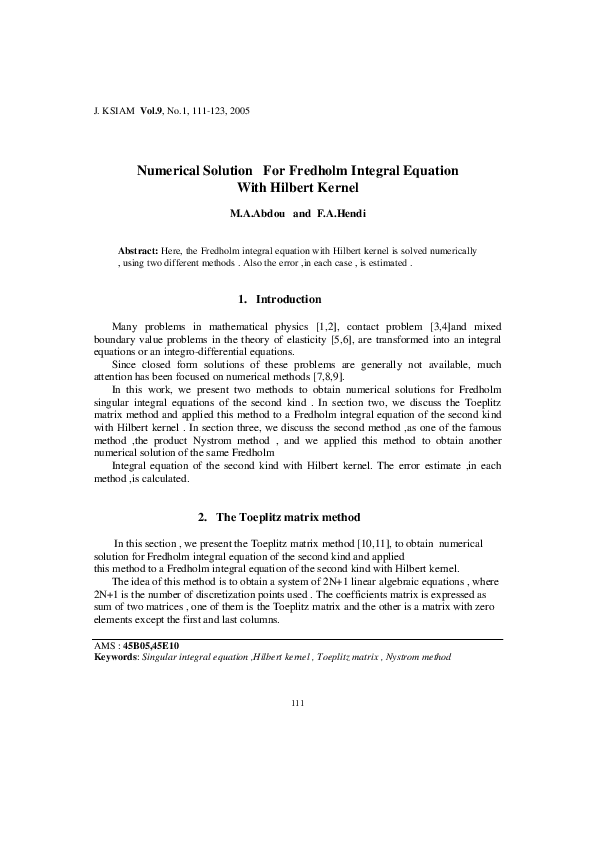 Pdf Numerical Solution For The Fredholm Integral Equation Of The