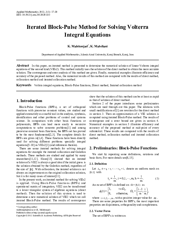 (PDF) Iterated Block-Pulse Method for Solving Volterra Integral Equations