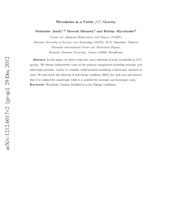 (PDF) New wormhole solutions in a viable f (R) gravity model | Anshuman Baruah - Academia.edu